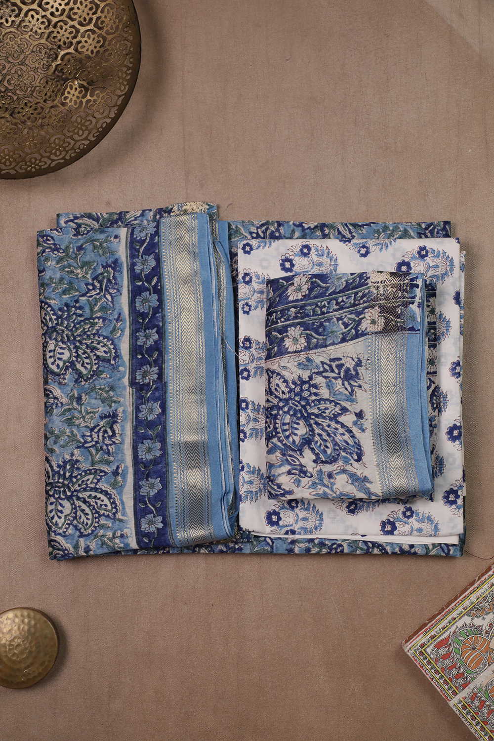 Buy Blue Blossoms Block Printed Chanderi Suit at Matkatus