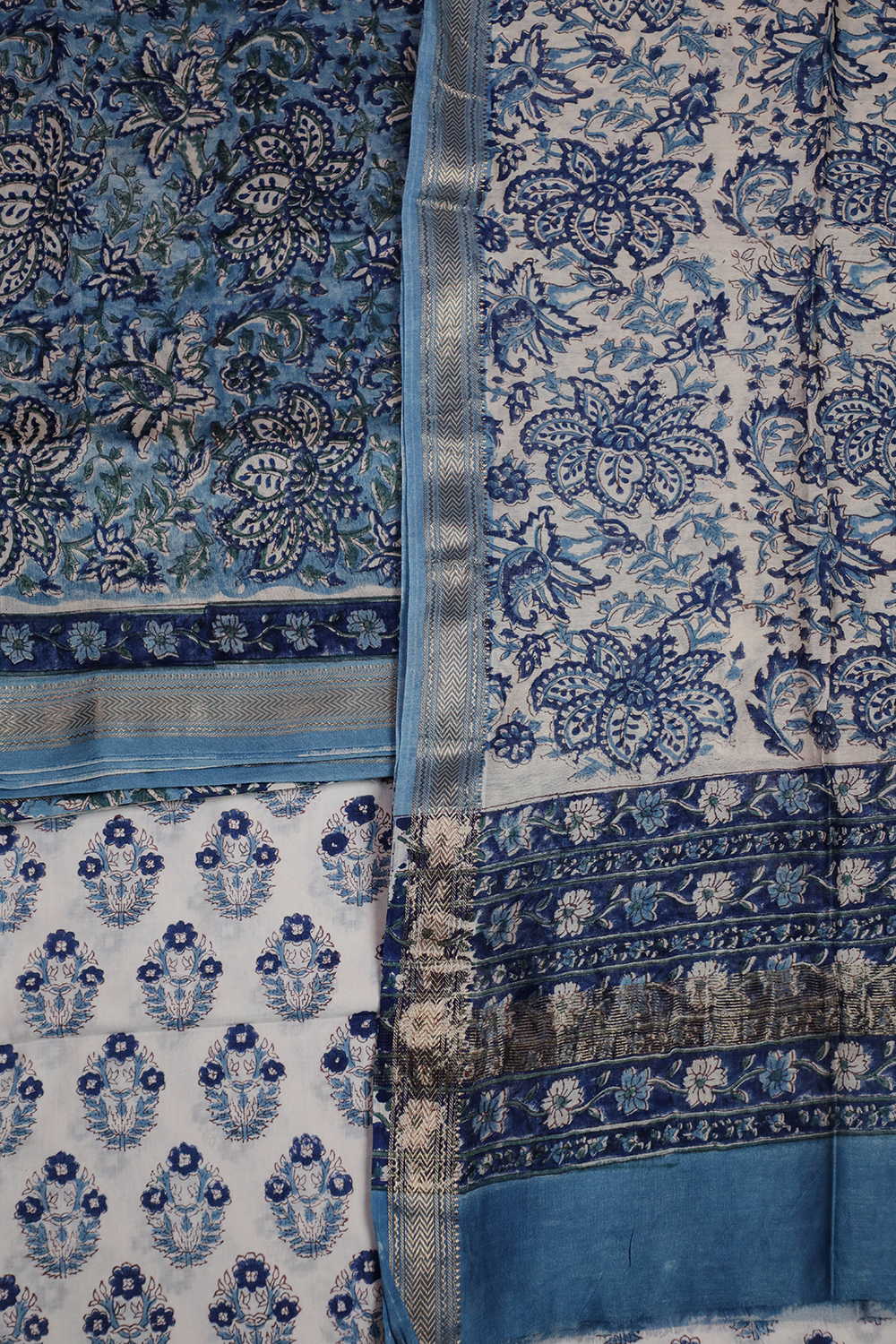 Buy Blue Blossoms Block Printed Chanderi Suit at Matkatus