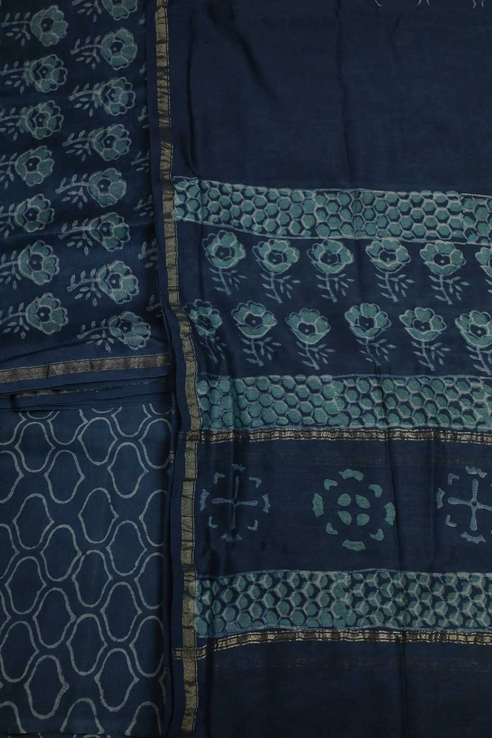 Buy Indigo with Floral Butta Block Printed Chanderi Suit at Matkatus