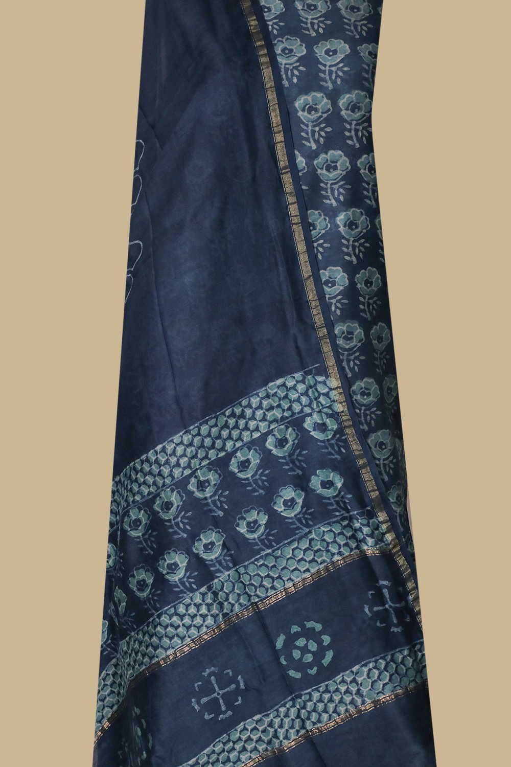 Buy Indigo with Floral Butta Block Printed Chanderi Suit at Matkatus