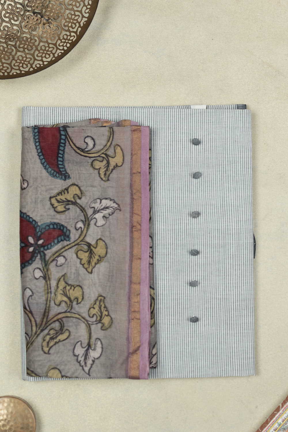 Buy Grey Stripe Mangalagiri Top & Floral Kalamkari Dupatta Matkatus