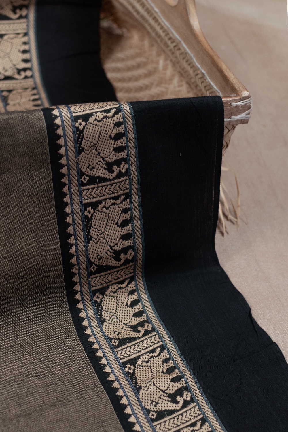 Shop Grey with Elephant Border Narayanpet Cotton Fabric at Matkatus